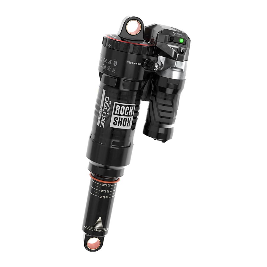 RockShox Super Deluxe Flight Attendant Rear shock 210x55 Shaft Eyelet Standard Body Eyelet No Bushing 90 Deg Rotation 0Neg 0Pos Token Reb55 Comp30